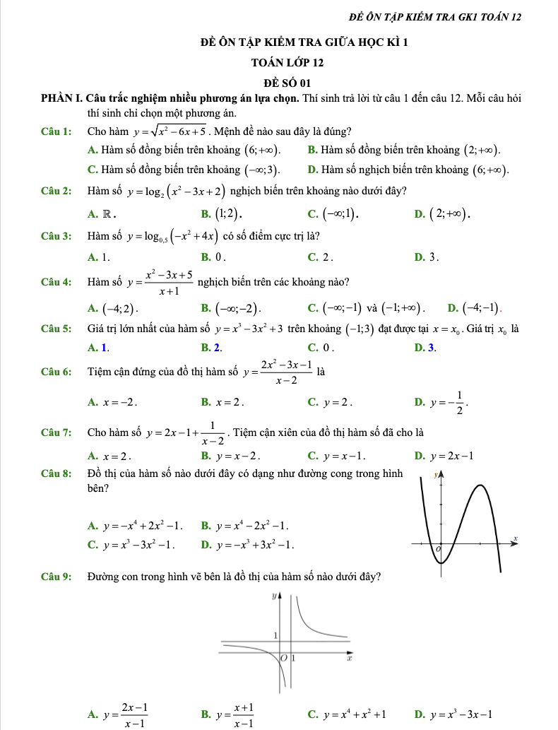 [Toán 12-GK1] 05 đề ôn tập giữa học kì 1 Toán 12 cấu trúc trắc nghiệm ...