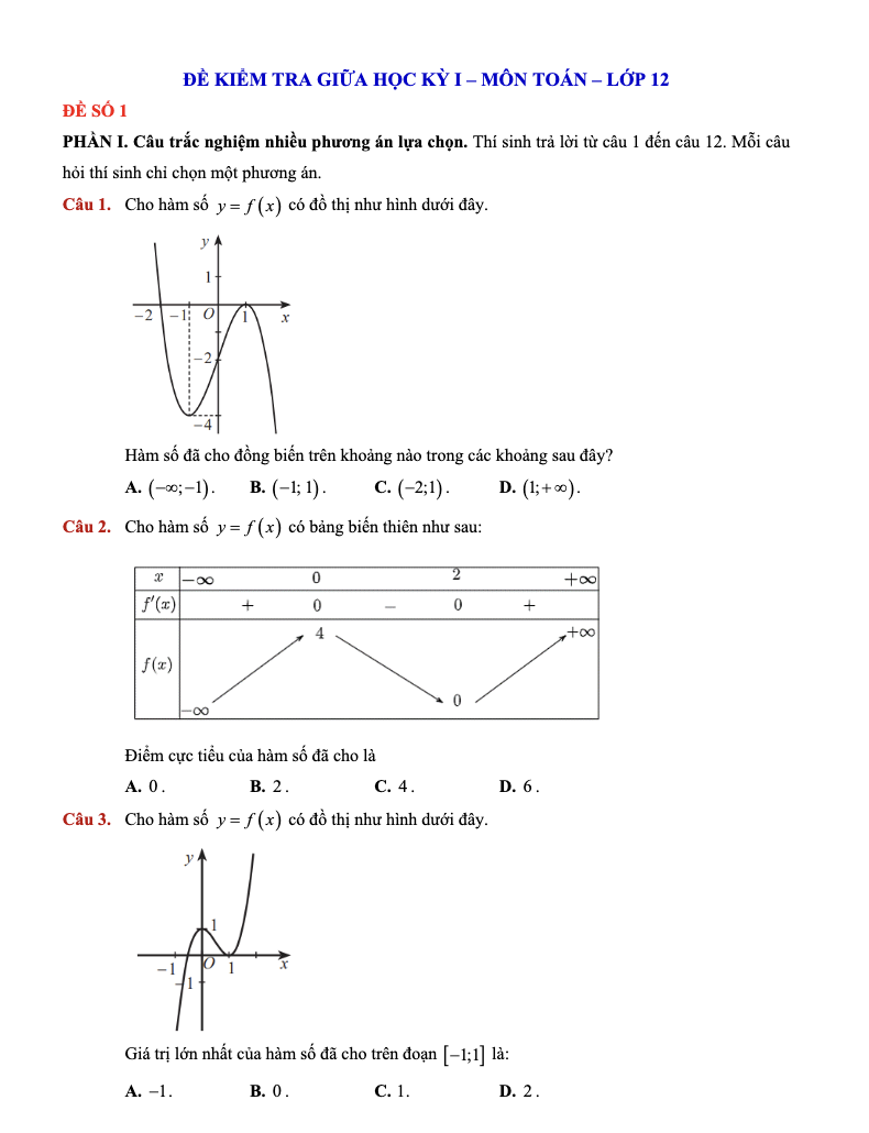 [Toán 12-GK1] 08 đề kiểm tra giữa học kỳ 1 Toán 12 cấu trúc trắc nghiệm ...