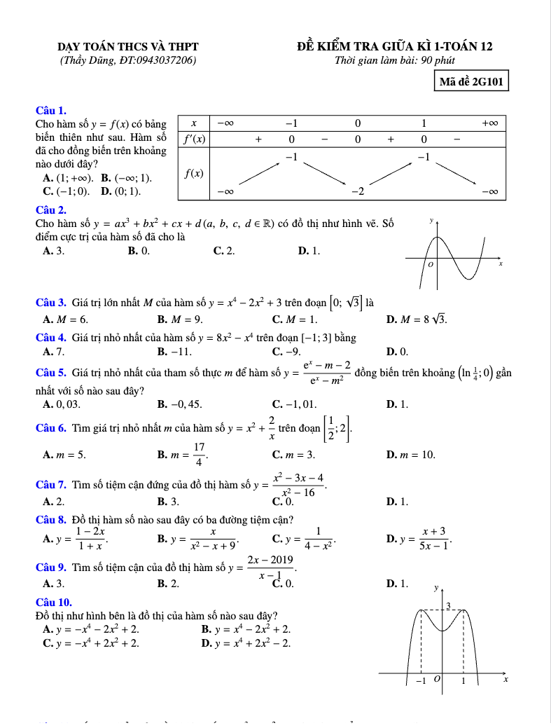 Tải xuống tài liệu [Toán 12-GK1] 10 đề ôn tập kiểm tra giữa kì 1 Toán ...