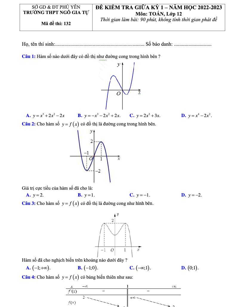 [Toán 12-GK1] Đề giữa kỳ 1 Toán 12 năm 2022 – 2023 trường THPT Ngô Gia ...