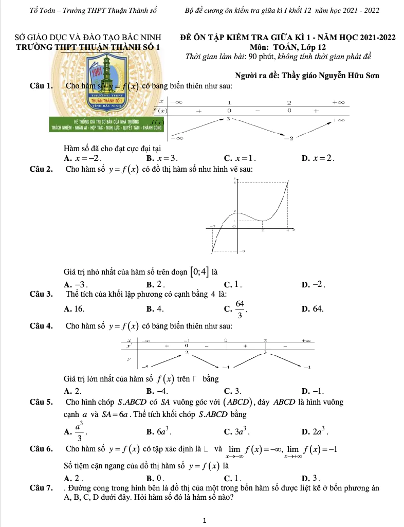 [Toán 12-GK1] Đề ôn tập giữa kì 1 Toán 12 năm 2021 – 2022 trường Thuận ...