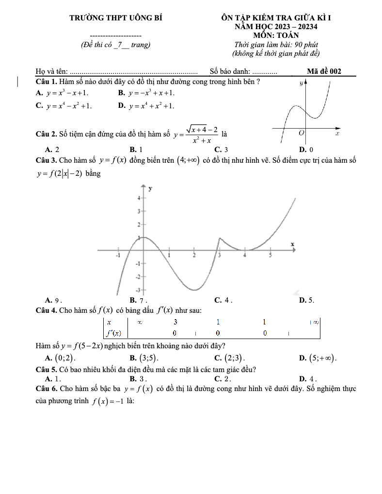 [Toán 12-GK1] Đề ôn tập giữa kì 1 Toán 12 năm 2023 – 2024 trường THPT ...