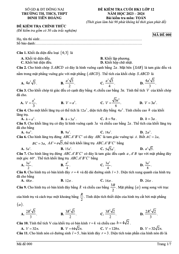 [Toán 12-HK1] Đề cuối HK1 Toán 12 năm 2023 – 2024 trường Đinh Tiên Hoàng – Đồng Nai | Đề kiểm ...