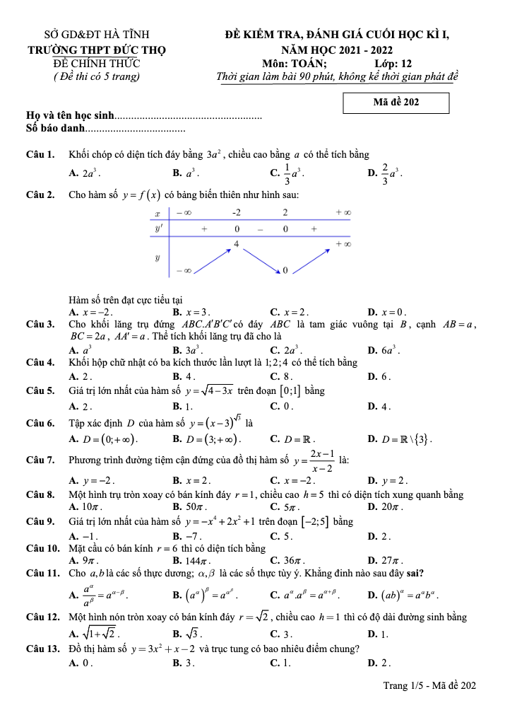 [Toán 12-HK1] Đề cuối học kì 1 Toán 12 năm 2021 – 2022 trường THPT Đức Thọ – Hà Tĩnh | Đề kiểm ...