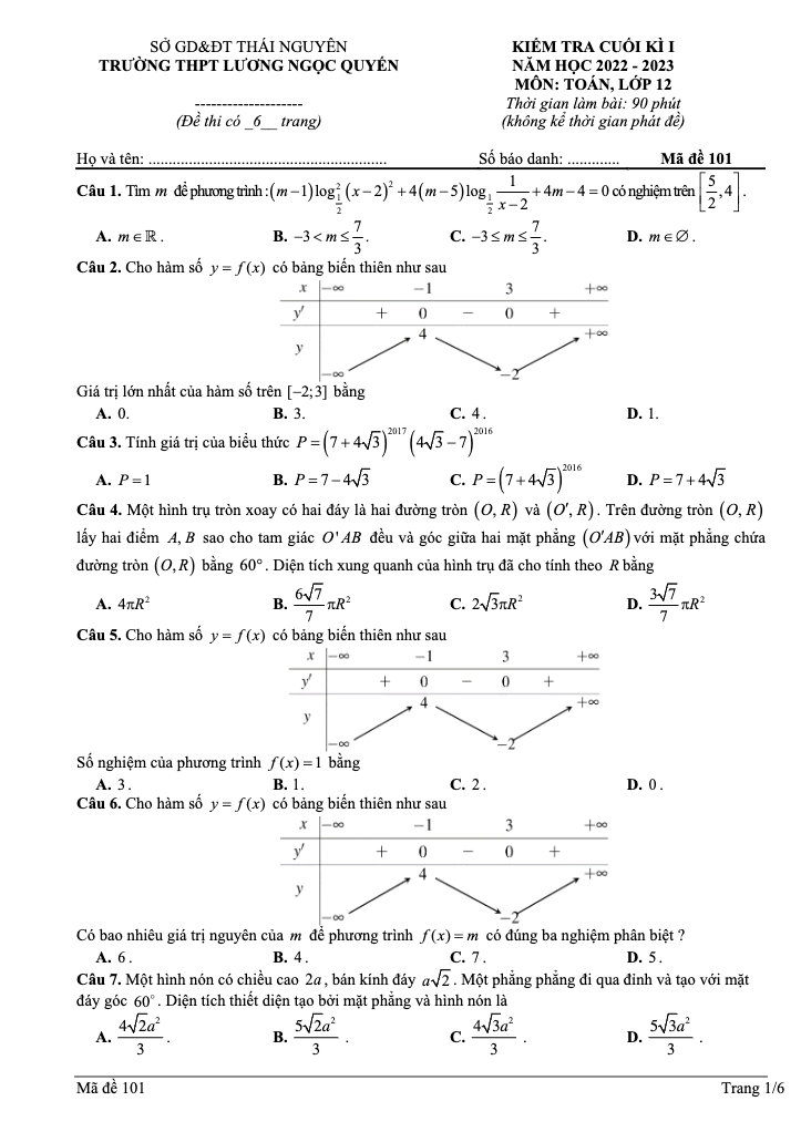 [Toán 12-HK1] Đề cuối học kỳ 1 Toán 12 năm 2022 – 2023 THPT Lương Ngọc Quyến – Thái Nguyên | Đề ...