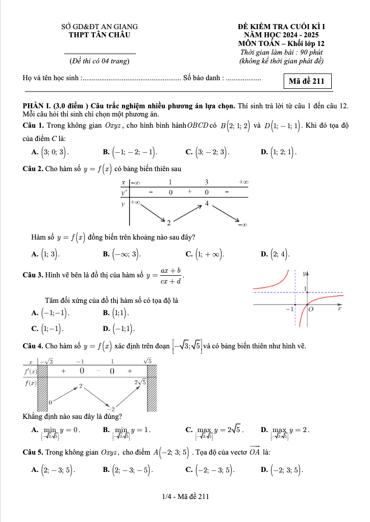 [Toán 12-HK1] Đề cuối kì 1 Toán 12 năm 2024 – 2025 trường THPT Tân Châu – An Giang | Đề kiểm tra ...