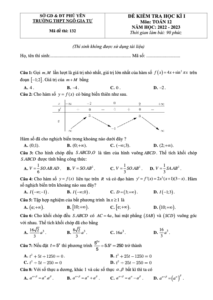 [Toán 12-HK1] Đề học kì 1 Toán 12 năm 2022 – 2023 trường THPT Ngô Gia ...
