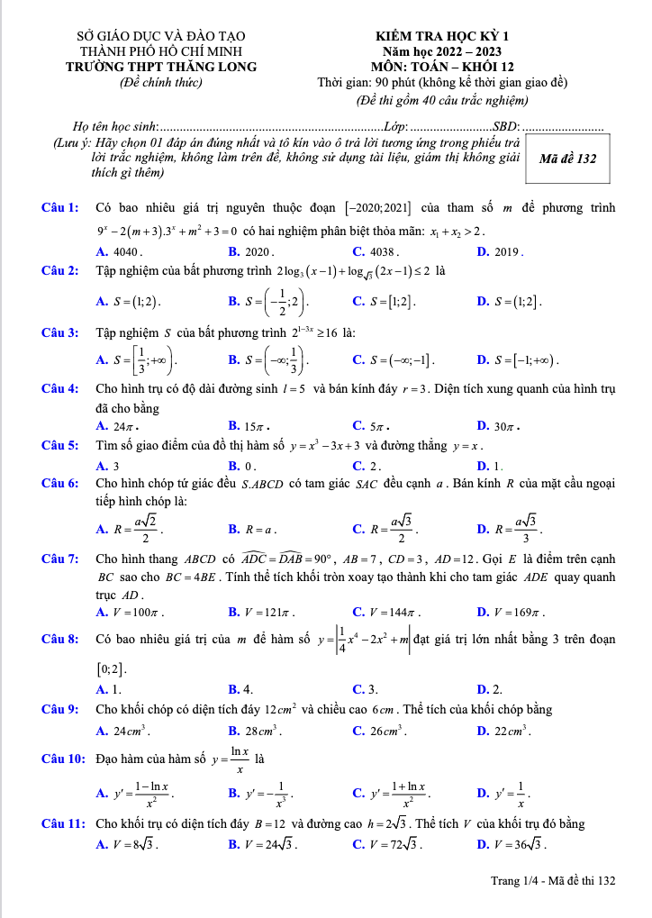 [Toán 12-HK1] Đề học kỳ 1 Toán 12 năm 2022 – 2023 trường THPT Thăng Long – TP HCM | Đề kiểm tra ...