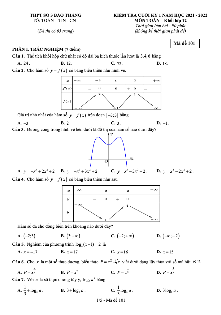 [Toán 12-HK1] Đề kiểm tra cuối kỳ 1 Toán 12 năm 2021 – 2022 trường THPT Bảo Thắng 3 – Lào Cai ...
