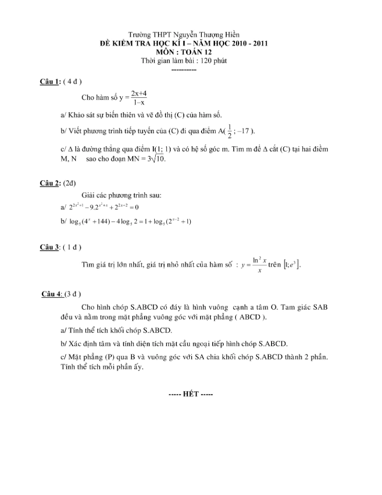 [Toán 12-HK1] Đề thi HK1 lớp 12 trường THPT Nguyễn Thượng Hiền – TP ...