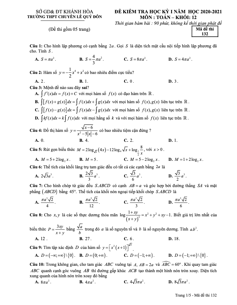 Tải xuống tài liệu [Toán 12-HK1] Đề thi HK1 Toán 12 năm 2020 – 2021 trường THPT chuyên Lê Quý ...