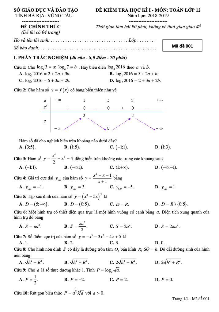 Tải xuống tài liệu [Toán 12-HK1] Đề thi HKI Toán 12 năm học 2018 – 2019 sở GD và ĐT Bà Rịa ...
