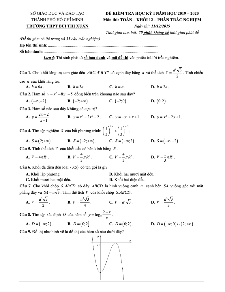 [Toán 12-HK1] Đề thi học kì 1 Toán 12 năm 2019 – 2020 trường THPT Bùi Thị Xuân – TP HCM | Đề ...