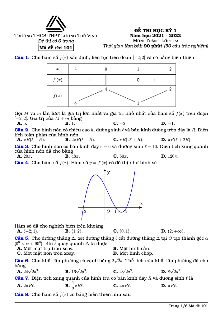 [Toán 12-HK1] Đề thi học kỳ 1 Toán 12 năm 2021 – 2022 trường Lương Thế Vinh – Hà Nội | Đề kiểm ...