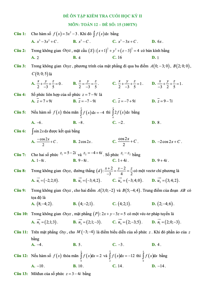 [Toán 12-HK2] 25 đề ôn tập kiểm tra cuối học kỳ 2 môn Toán 12 (100% trắc nghiệm) | Đề kiểm tra ...
