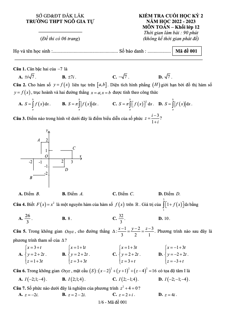 [Toán 12-HK2] Đề cuối học kỳ 2 Toán 12 năm 2022 – 2023 trường THPT Ngô Gia Tự – Đắk Lắk | Đề ...