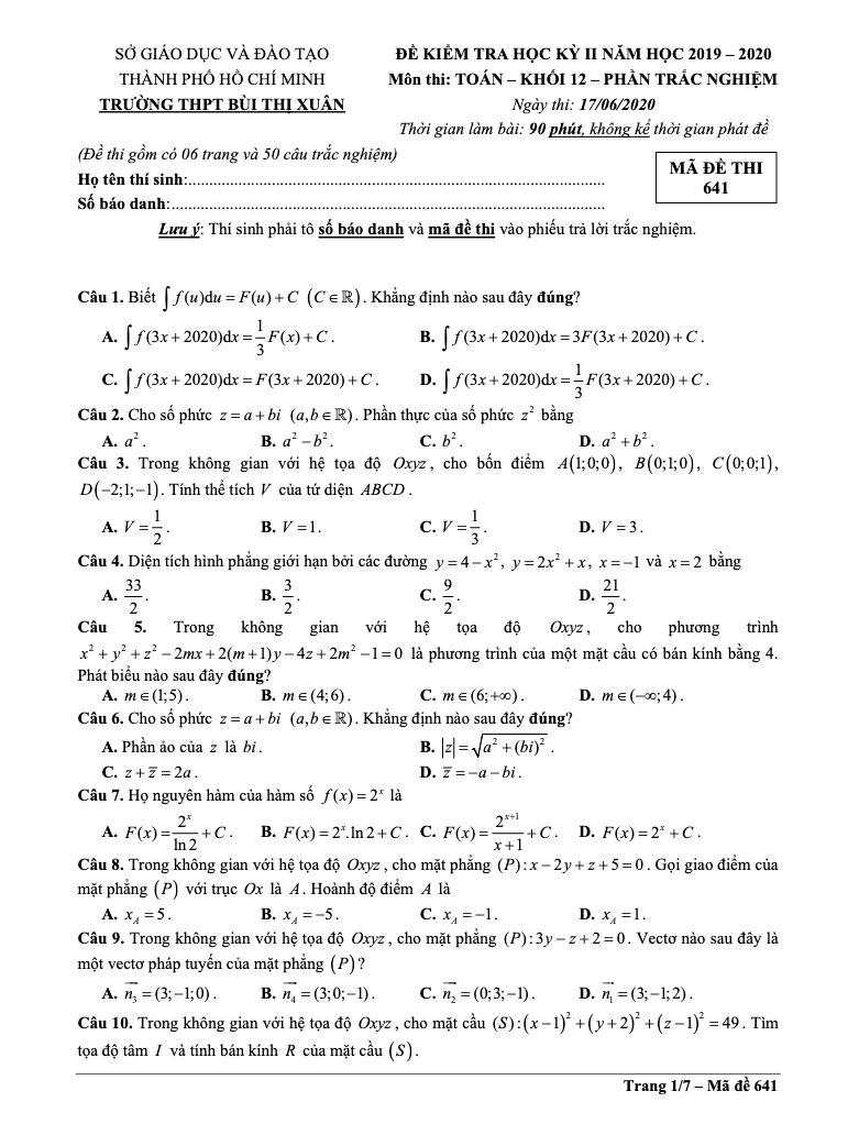 [Toán 12-HK2] Đề thi học kì 2 Toán 12 năm 2019 – 2020 trường THPT Bùi Thị Xuân – TP HCM | Đề ...